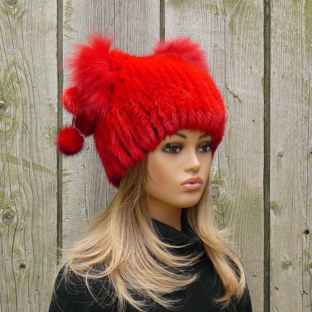Red Fluffy Hat With Pompoms, Mink Fur Beanie Hat, Mink Hat for Women ...