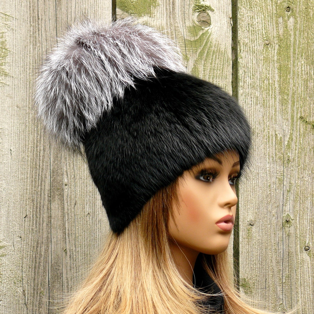 Black Mink Beanie, Fur Hat With Silver Fox Pompom, Mink Hats for Women ...