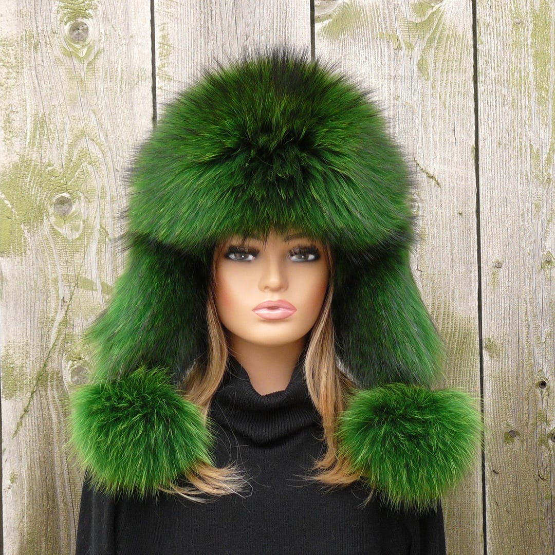 Hot Green Fur Trapper Hat for Women, Oversized Fuzzy Winter Head Warmer ...