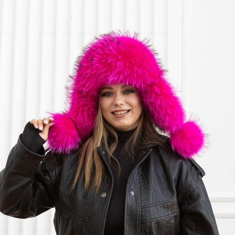 Hot Pink Trapper Hat for Her, Fluffy Hat With Earflaps, Real Raccoon ...