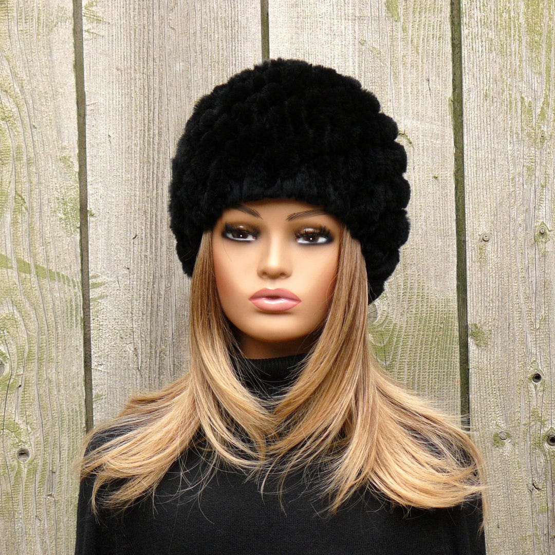 Knitted Black Fur Beanie Hat, Fluffy Winter Headwear, Women's Real REX ...
