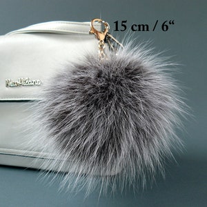 Real Fur Pompom Keychain Furry Key Chain Bag Charm Silver - Etsy