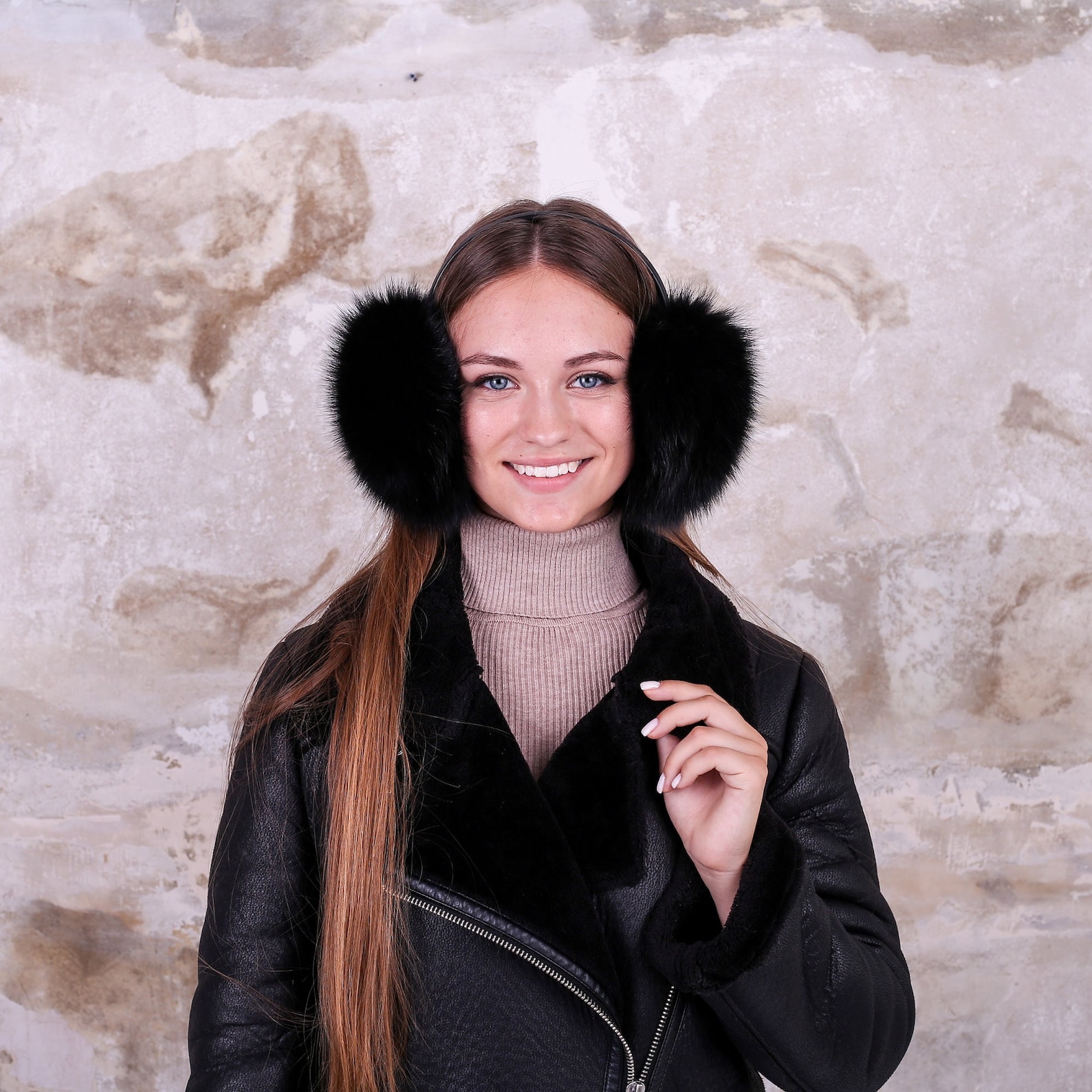Black Fur Earmuffs for Women, Big Fox Fur Ear Muffs, Handmade Winter ...