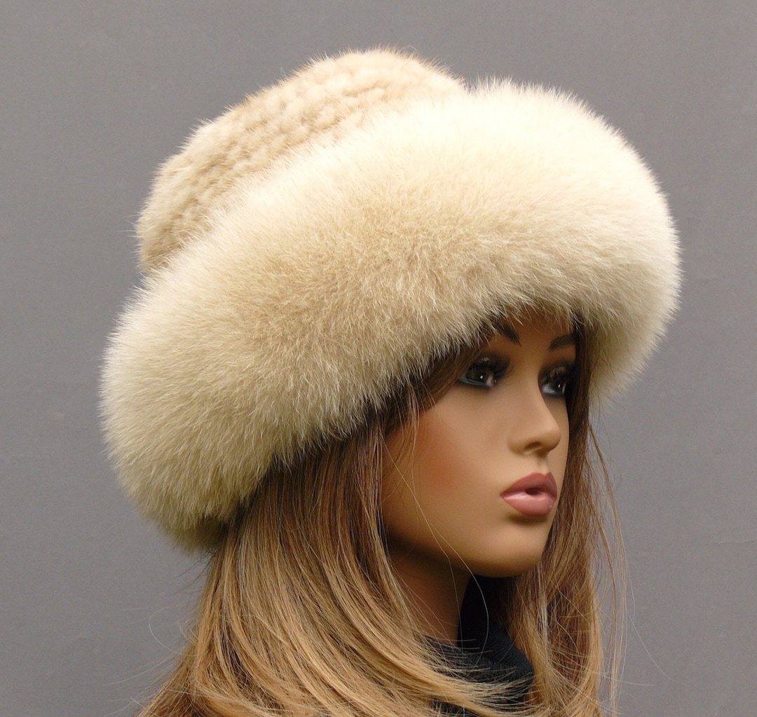 Mink Hat Women, Real Fur Knitted Hat With Fox Fur Trim, Fluffy Bucket ...