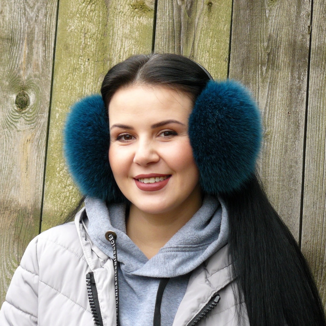 Blue Ear Muffs Women, Fluffy Earmuffs, Fuzzy Ear Warmers, Fox Fur ...