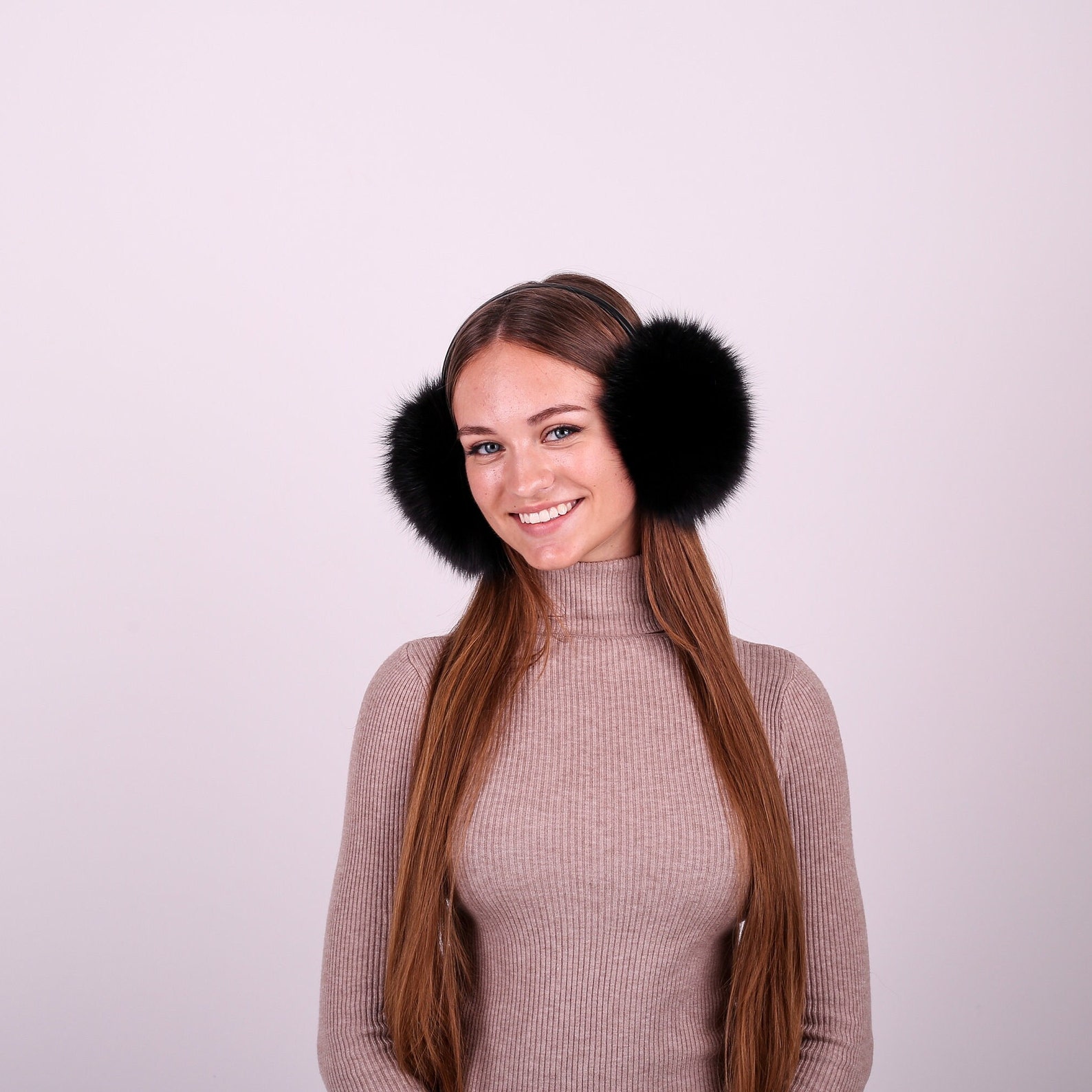 Black Fur Earmuffs for Women, Big Fox Fur Ear Muffs, Handmade Winter ...