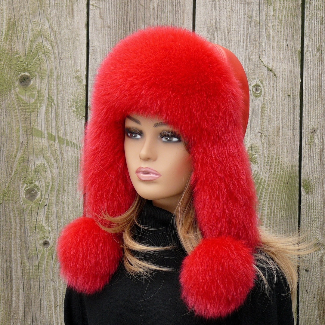 Red Fox Fur Hat Women, Fur Trapper Hat Woman, Real Fur Hat With Ear ...