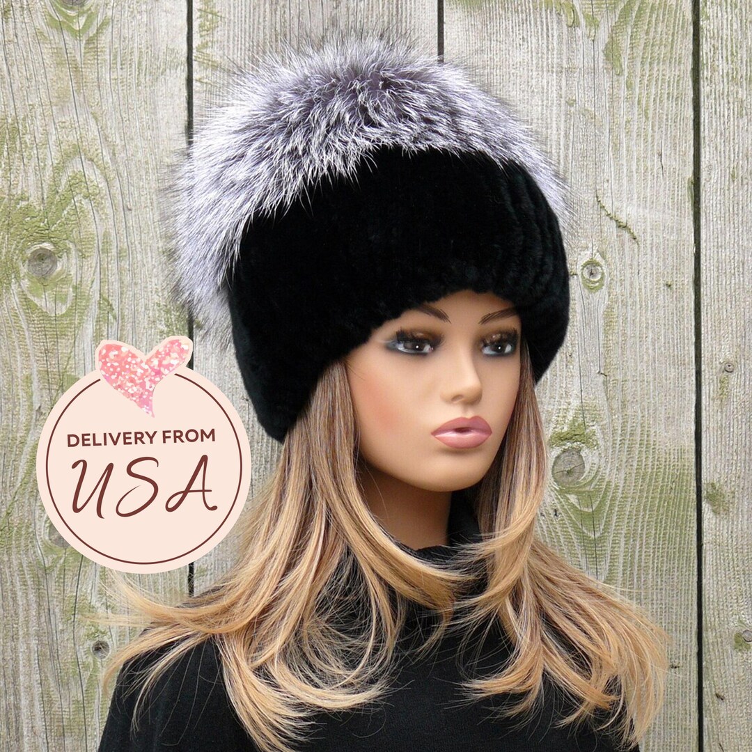 Black Rabbit Fur Hat With Pom Pom, Knitted Beanie Winter Hat, Ladies ...
