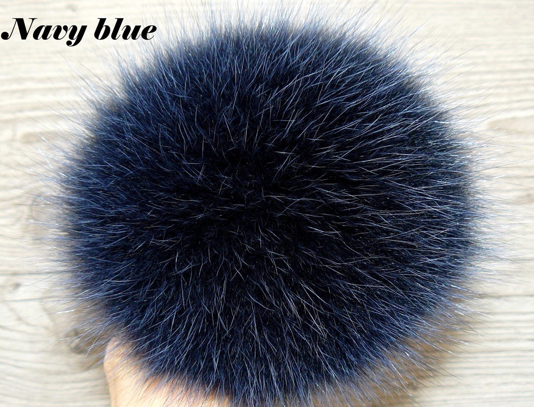 Navy Blue Fur Pom Pom, Large Real Fox Fur Pompom for Hat, Detachable ...