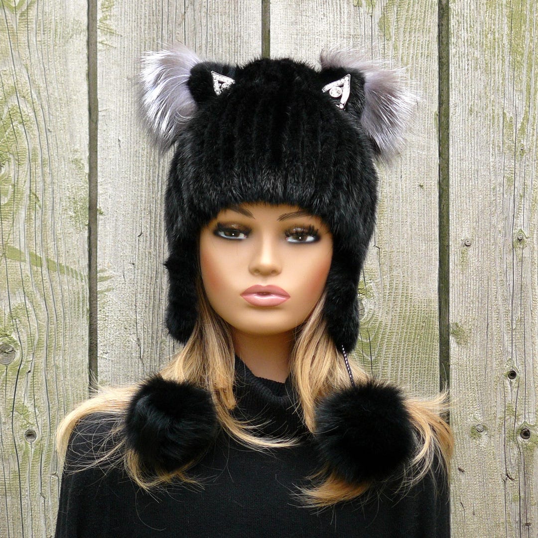 Black Real Fur Hat With Ears, Fox Fur Hat for Her, Knitted Beanie Pom ...