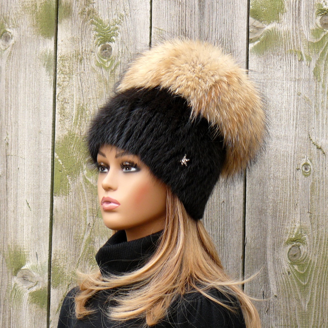 Ladies Mink Fur Hat, Fluffy Hat With Pom Pom, Brown Mink Hat Women ...