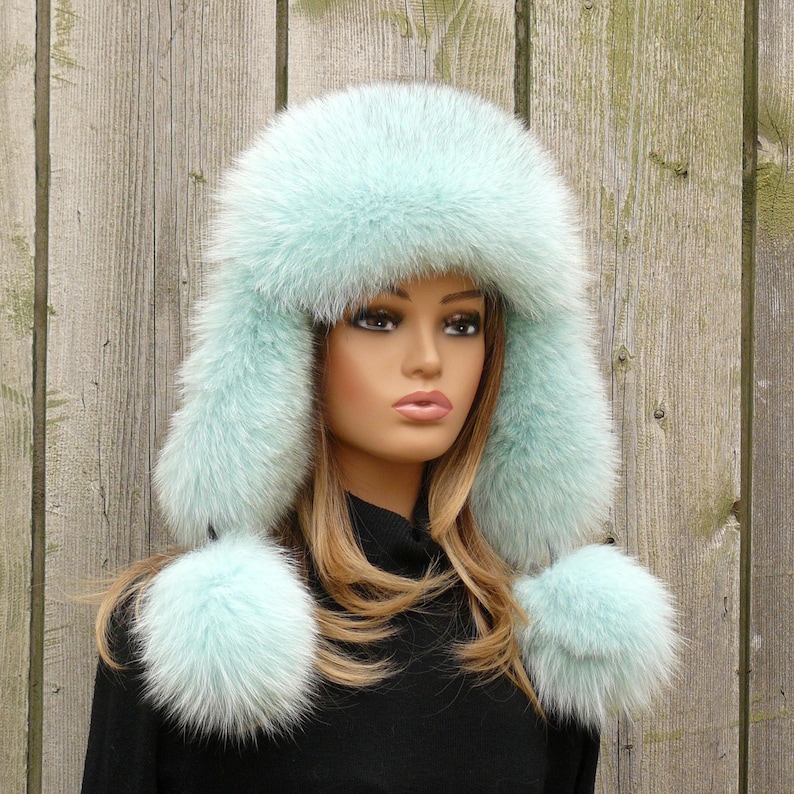 Women's Trapper Hat With Real Fur, Light Blue Real Fur & Brown Leather ...