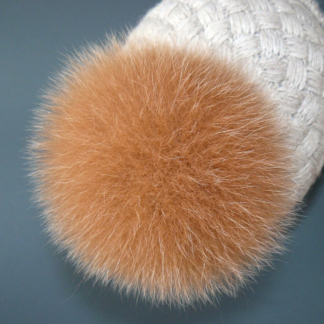 Beige Real Fur Pompom, Fluffy Pom Pom for Hat, Furry Ball With Ribbon ...