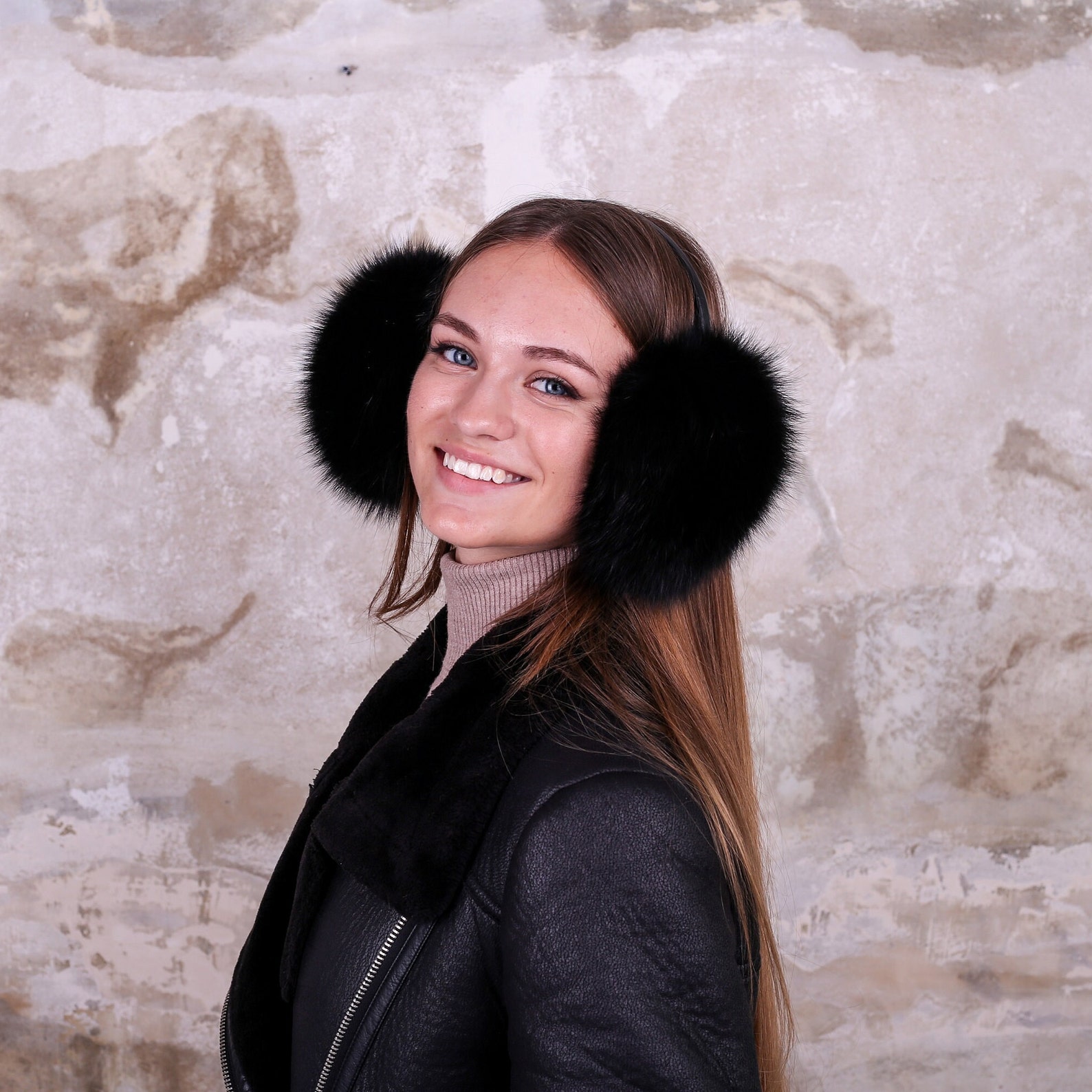 Black Fur Earmuffs for Women, Big Fox Fur Ear Muffs, Handmade Winter ...