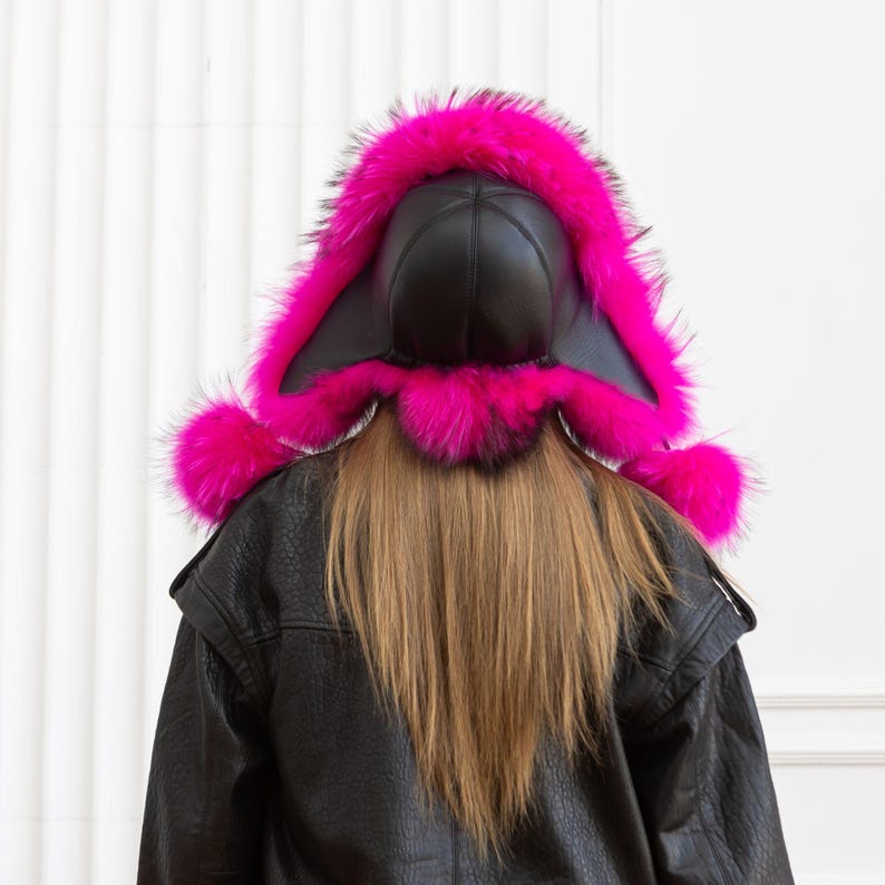 Premium Pink Raccoon Fur Aviator Hat, Luxury Leather Trapper Hat With ...