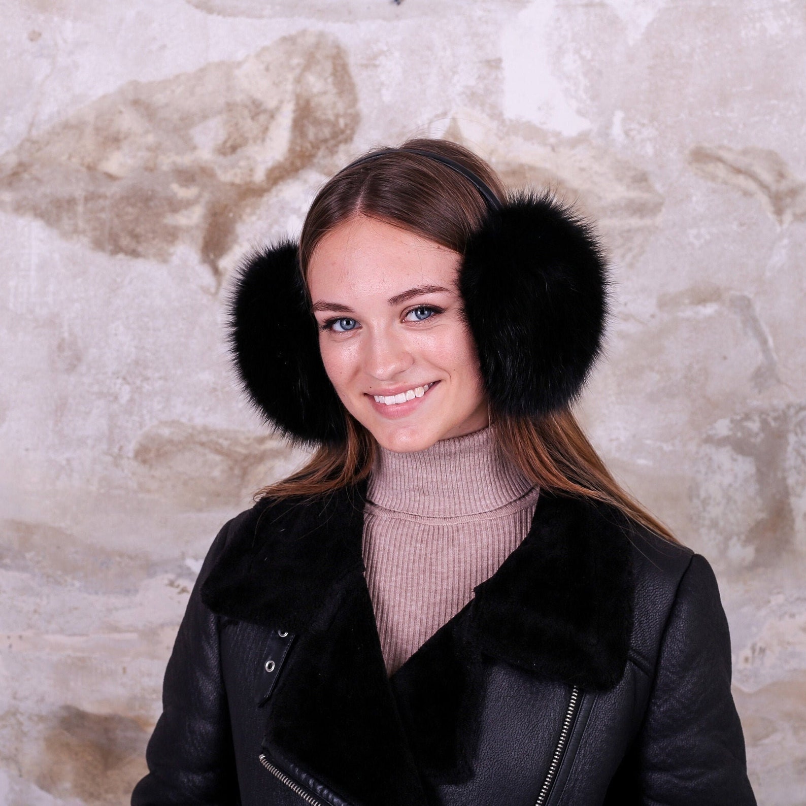 Black Fur Earmuffs for Women, Big Fox Fur Ear Muffs, Handmade Winter ...