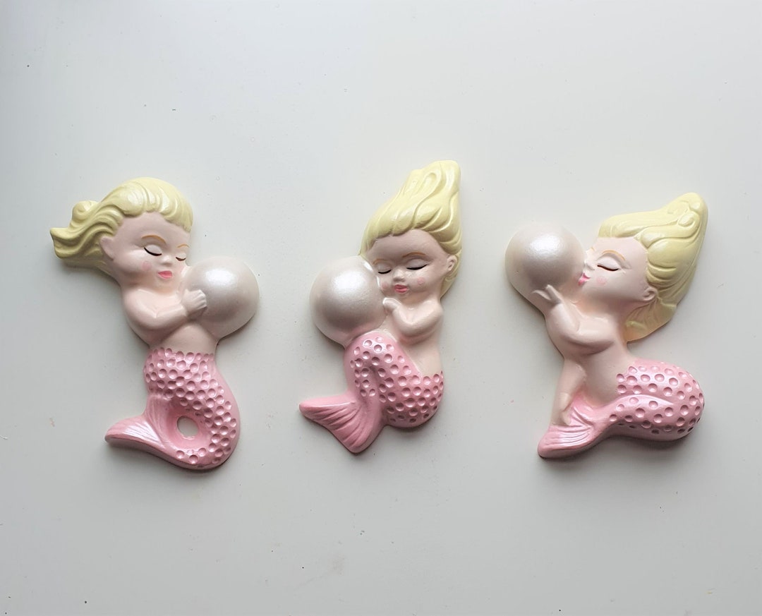 Kitsch Merbabies Wall Plaque Set X 3 (rose) - Vintage Style Chalkware ...