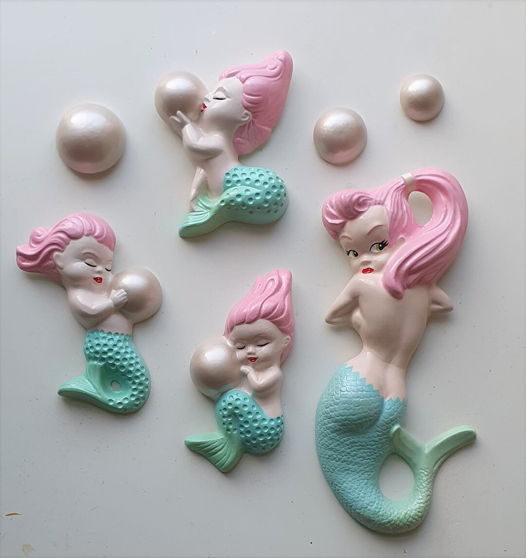 Kitsch Mermaid Family Wall Plaque Set (pink & Turquoise) - Vintage ...