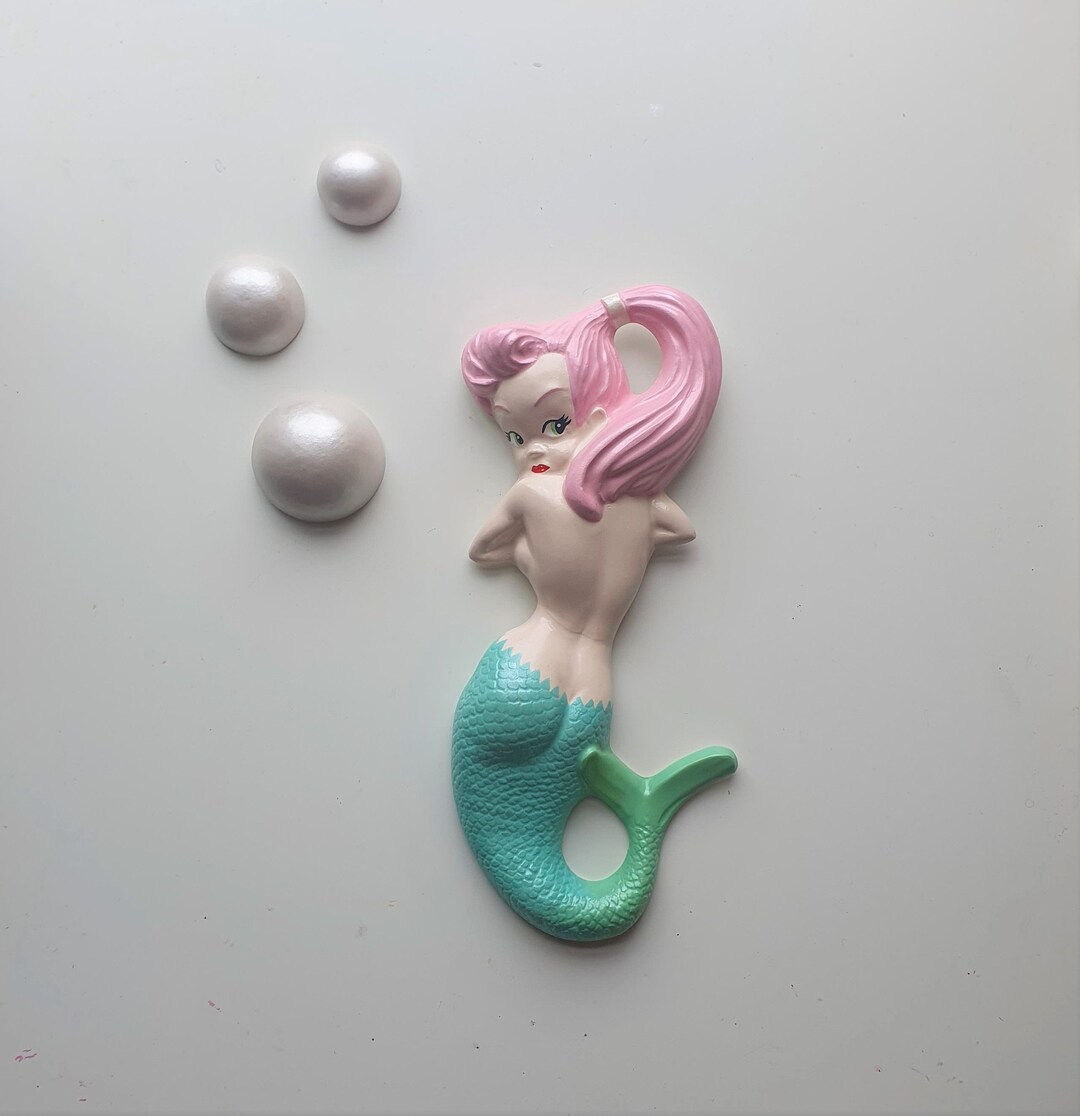 Kitsch Mermaid Wall Plaque pink & Teal Vintage Style Chalkware, Mid ...