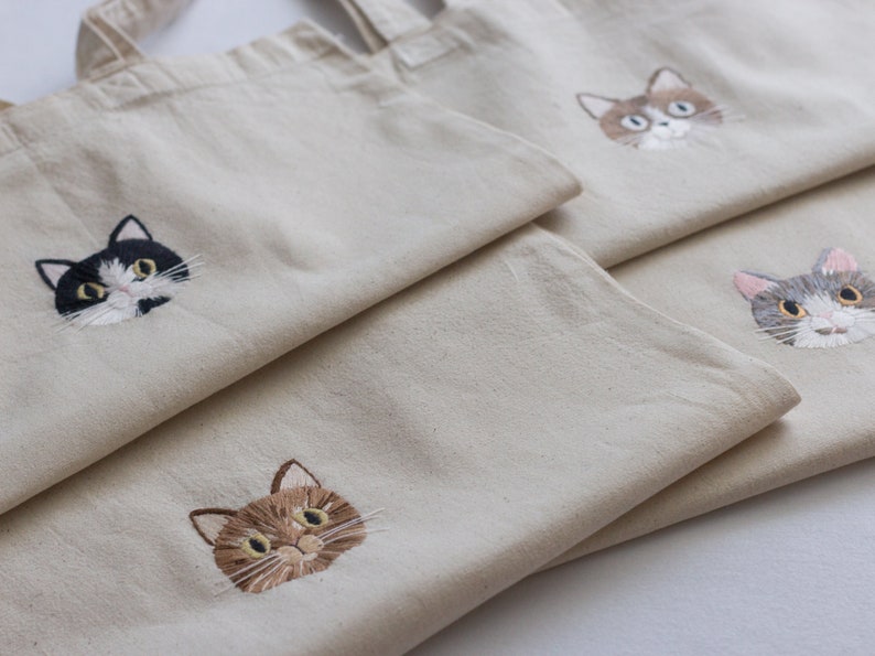 Cat Tote Bag Hand Embroidery Personalised Your Kitty Face - Etsy