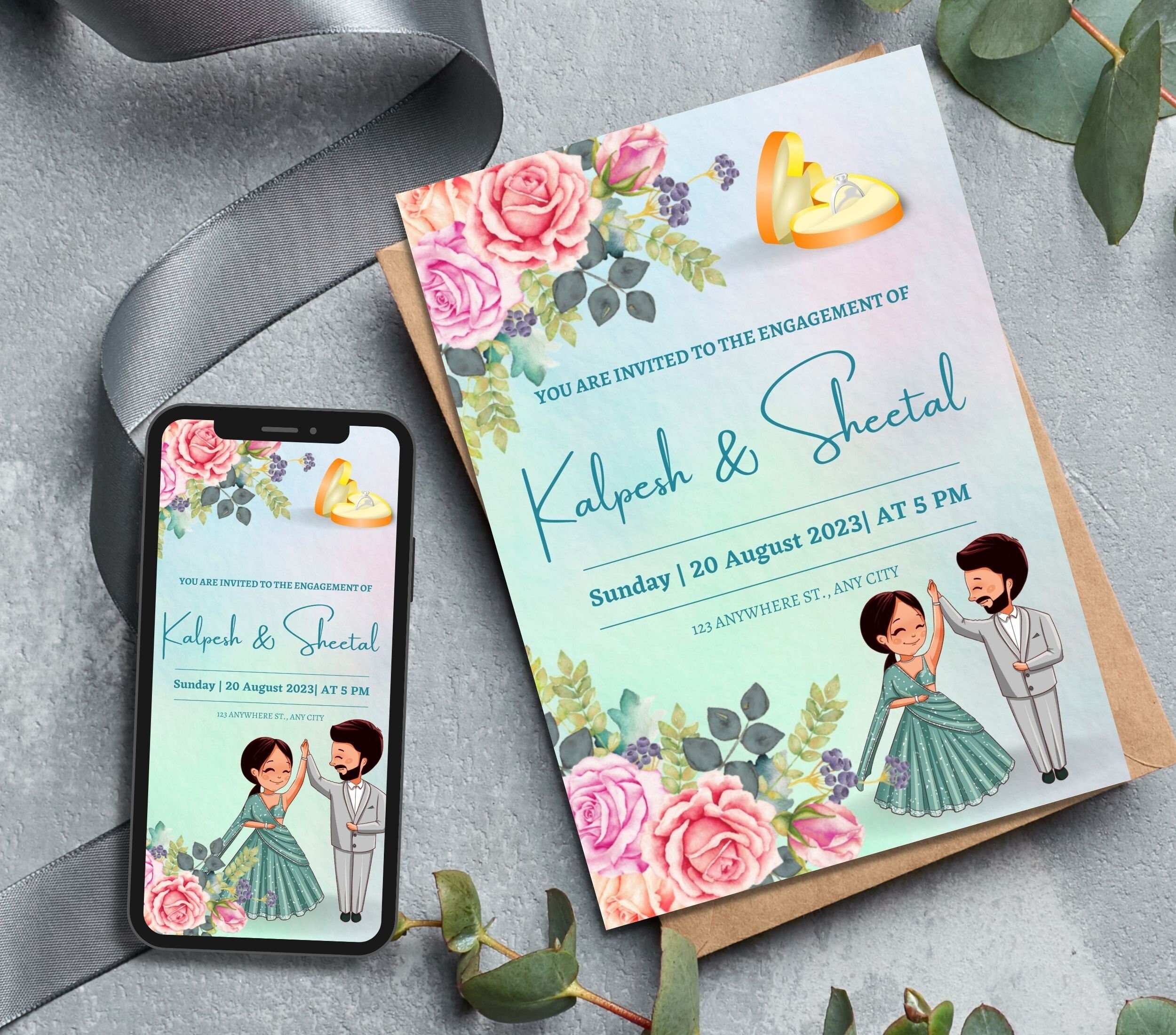 Digital Engagement Invitation Template Canva Full Customizable Floral ...