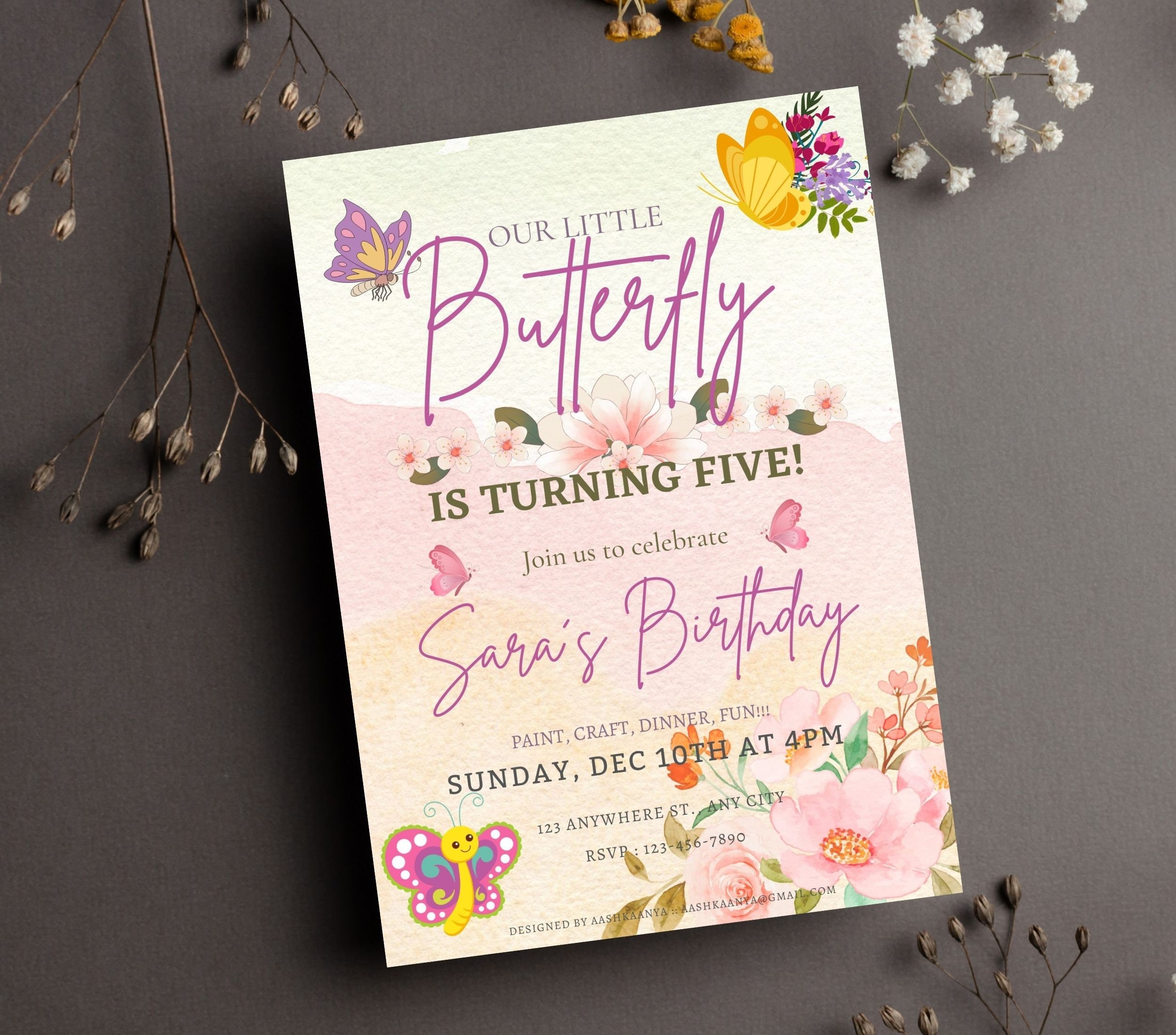 Birthday Digital Invitation Floral Butterfly Canva Editable Instant ...