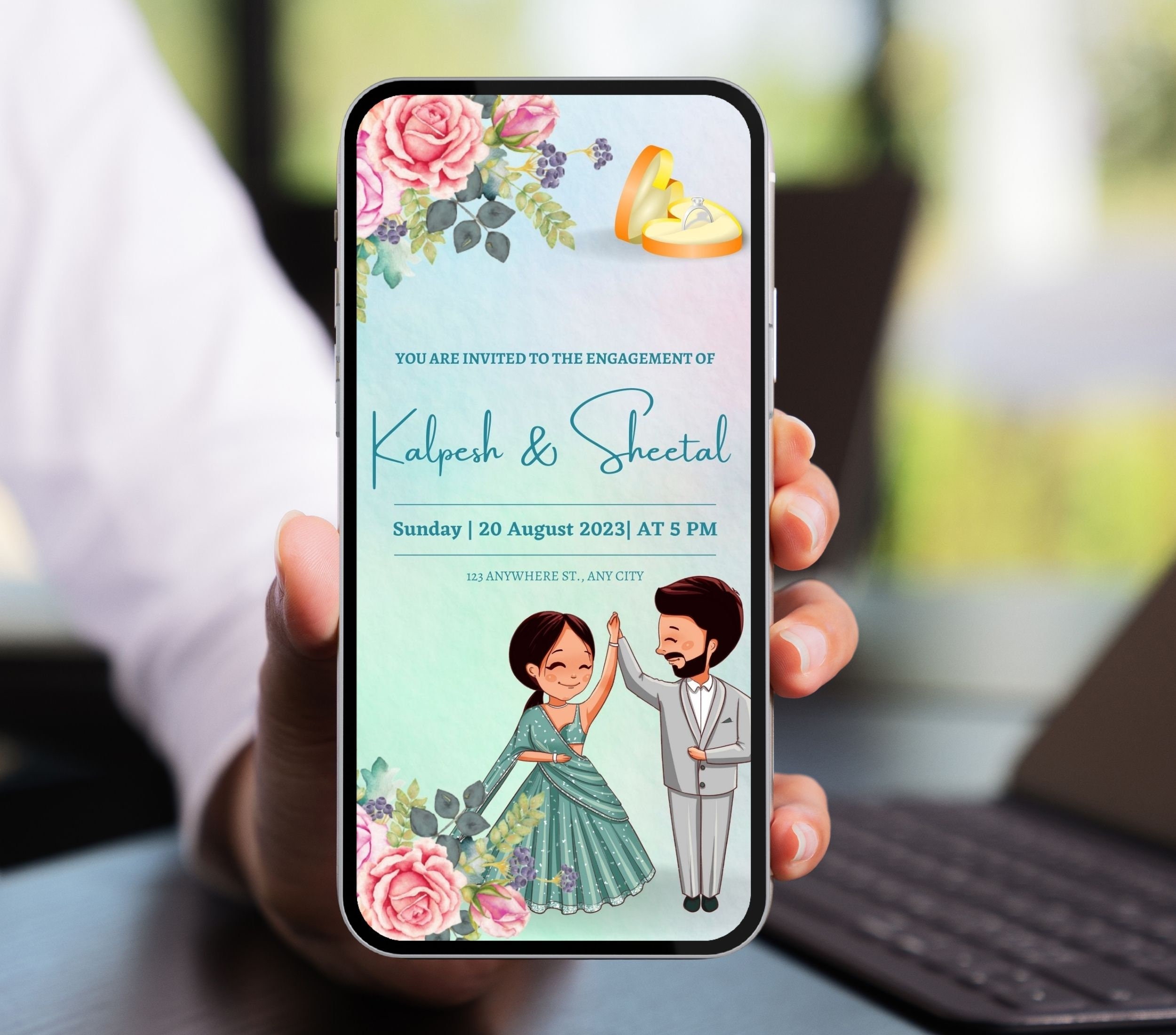 Floral Indian Engagement Invitation Template | Cute Couple Caricature ...