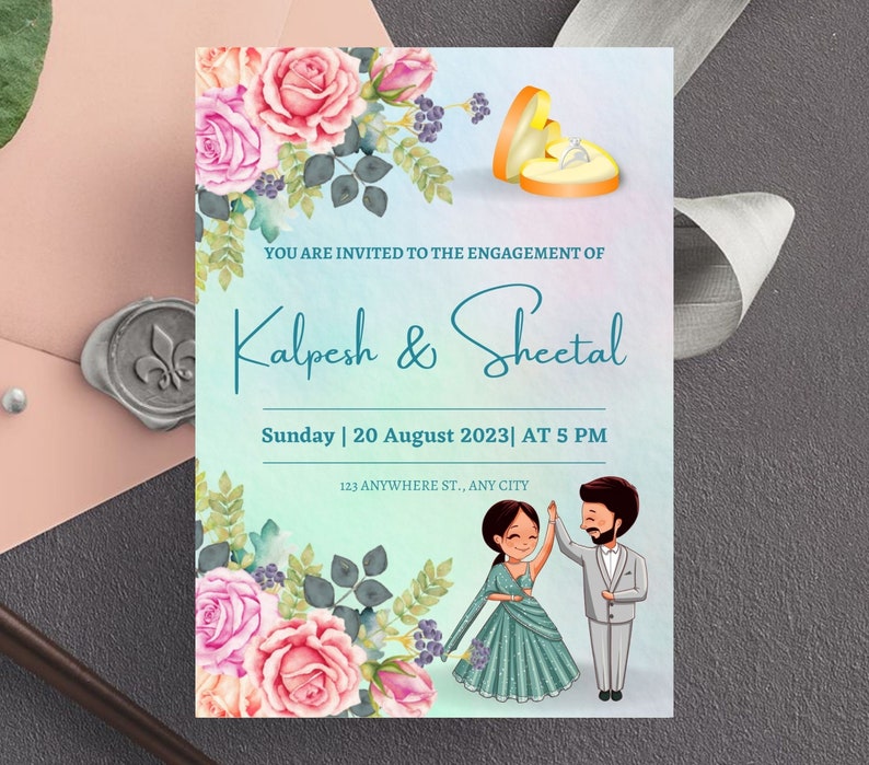 Floral Indian Engagement Invitation Template | Cute Couple Caricature ...