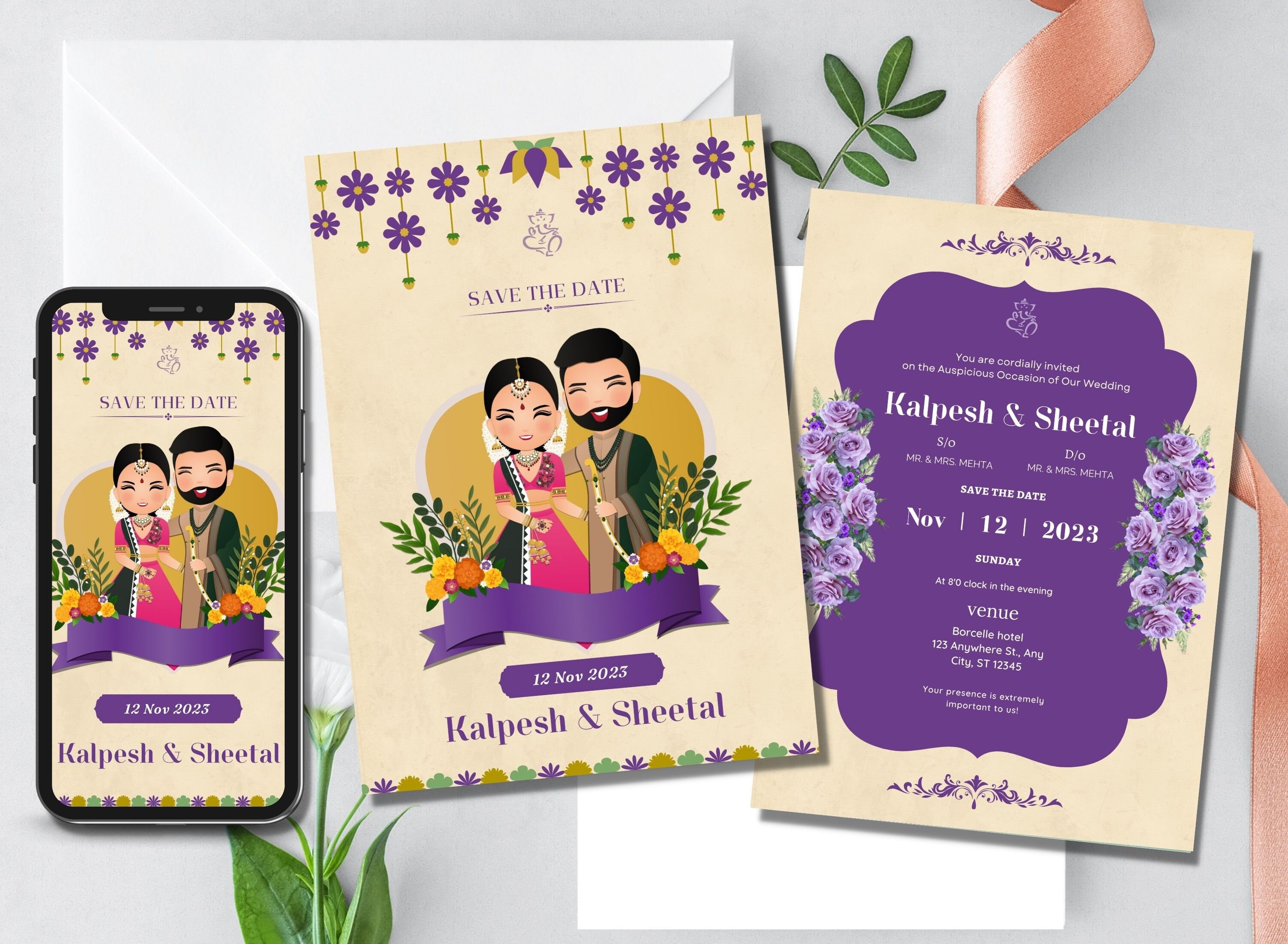 Purple Wedding Invitation Design | Cute Couple Indian Wedding Digital ...