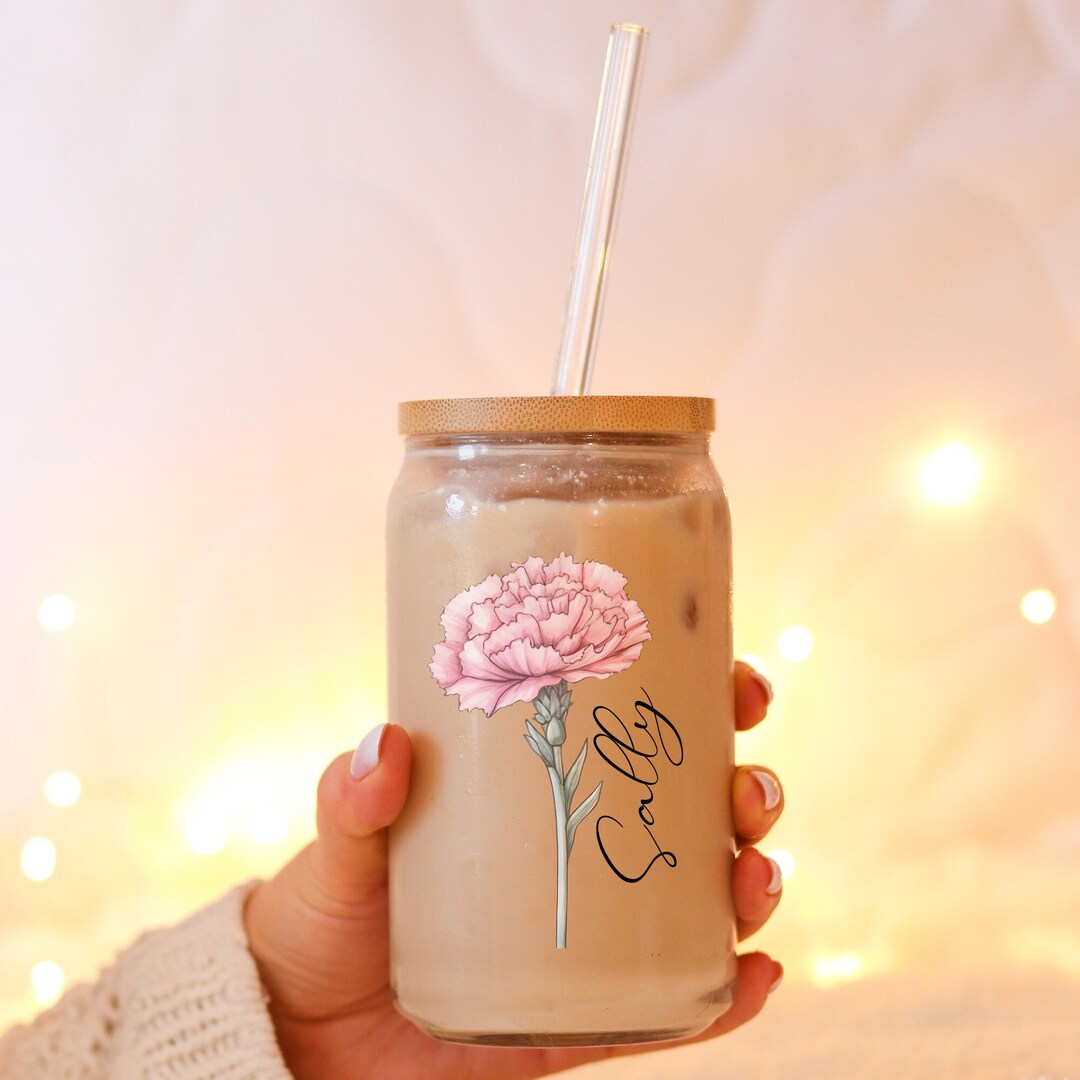 Personalized Birth Flower Iced Coffee Beer Glass Can With - Etsy