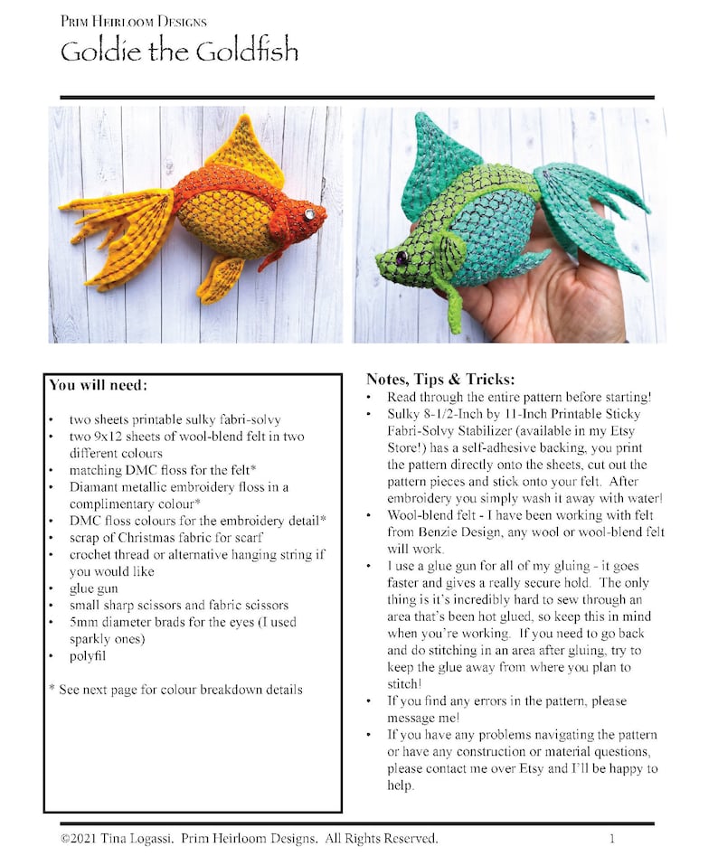 Goldfish Hand Embroidery Pattern for Felt / Intermediate Level Hand ...