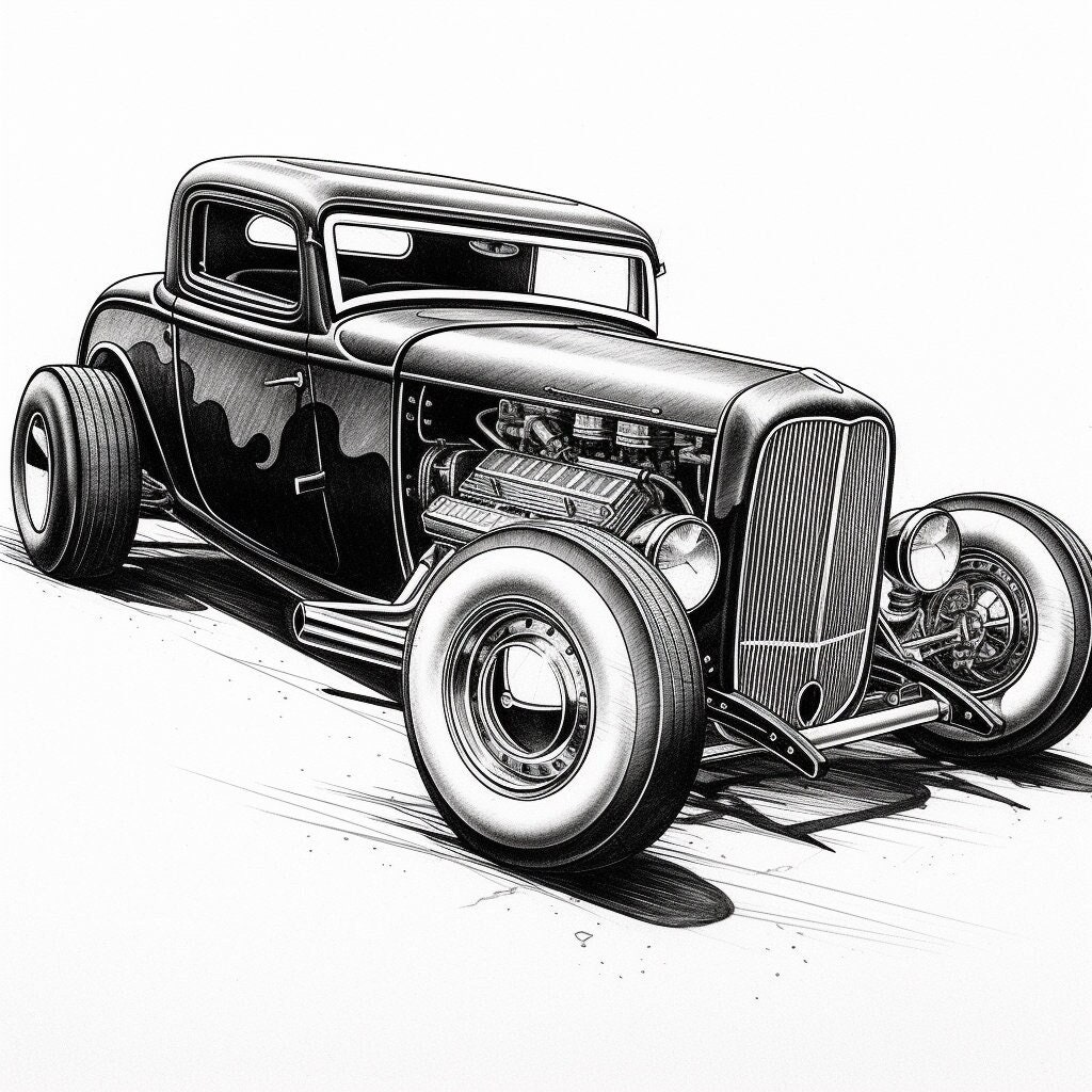 Hotrod, Drawing of Hotrod, 50s Style Hotrod, Hotrod Sketch, Vintage ...