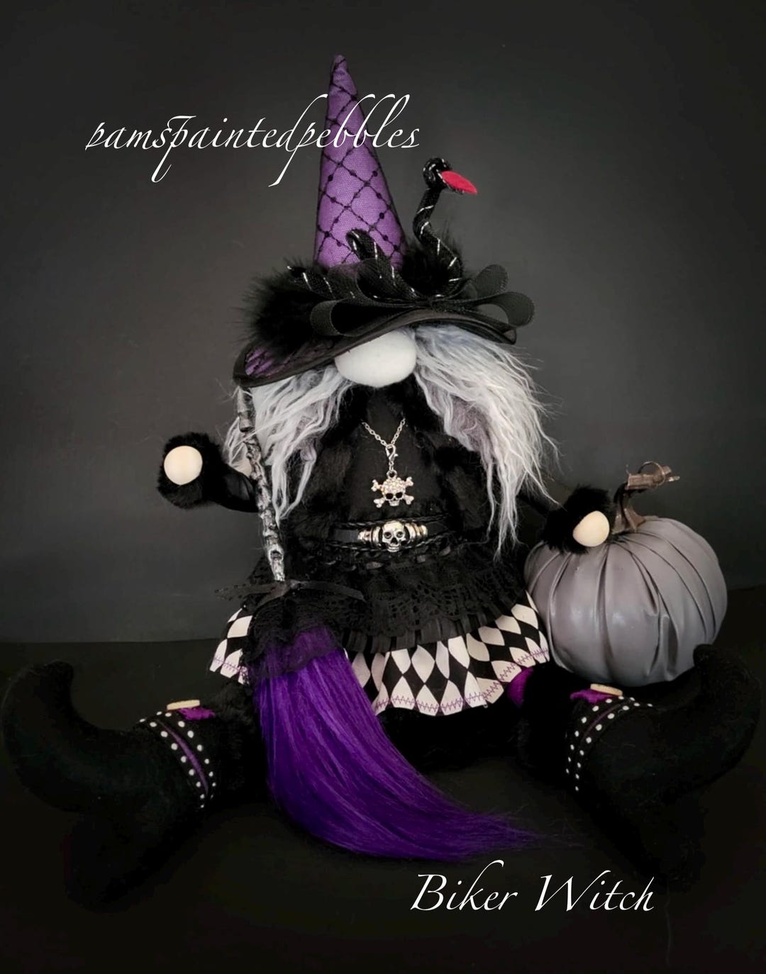 Biker Witch Gnome, Seated With Purple Hat and Broom, Harlequin and ...
