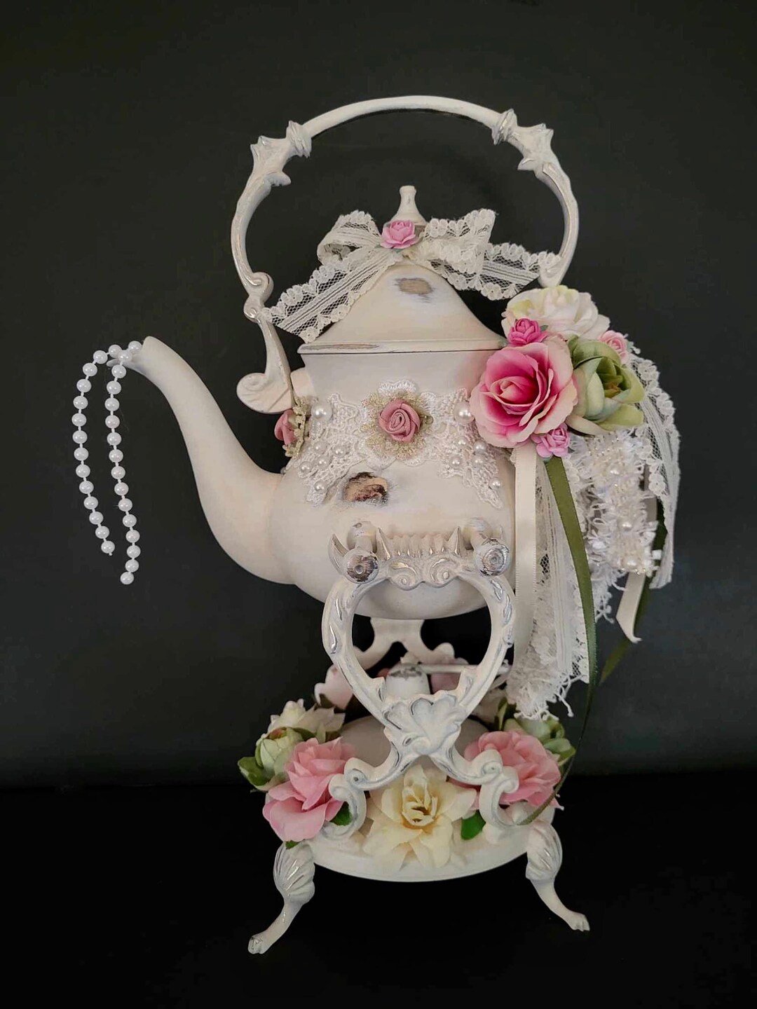 Shabby Chic Tall 3 Piece Teapot on a Stand With a Burner Repurposed ...