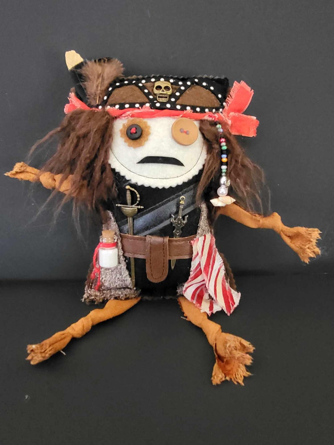 Pirate Scrappy Doll, Black, Rust and Brown With Red Accents, Two Faux ...