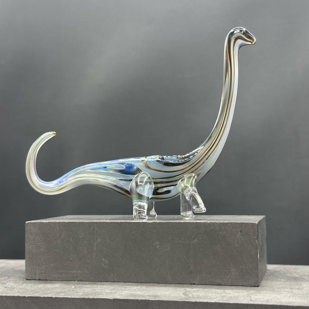 Medium Glass Brontosaurus | Line Art Swirl on Silver Haze Blue ...