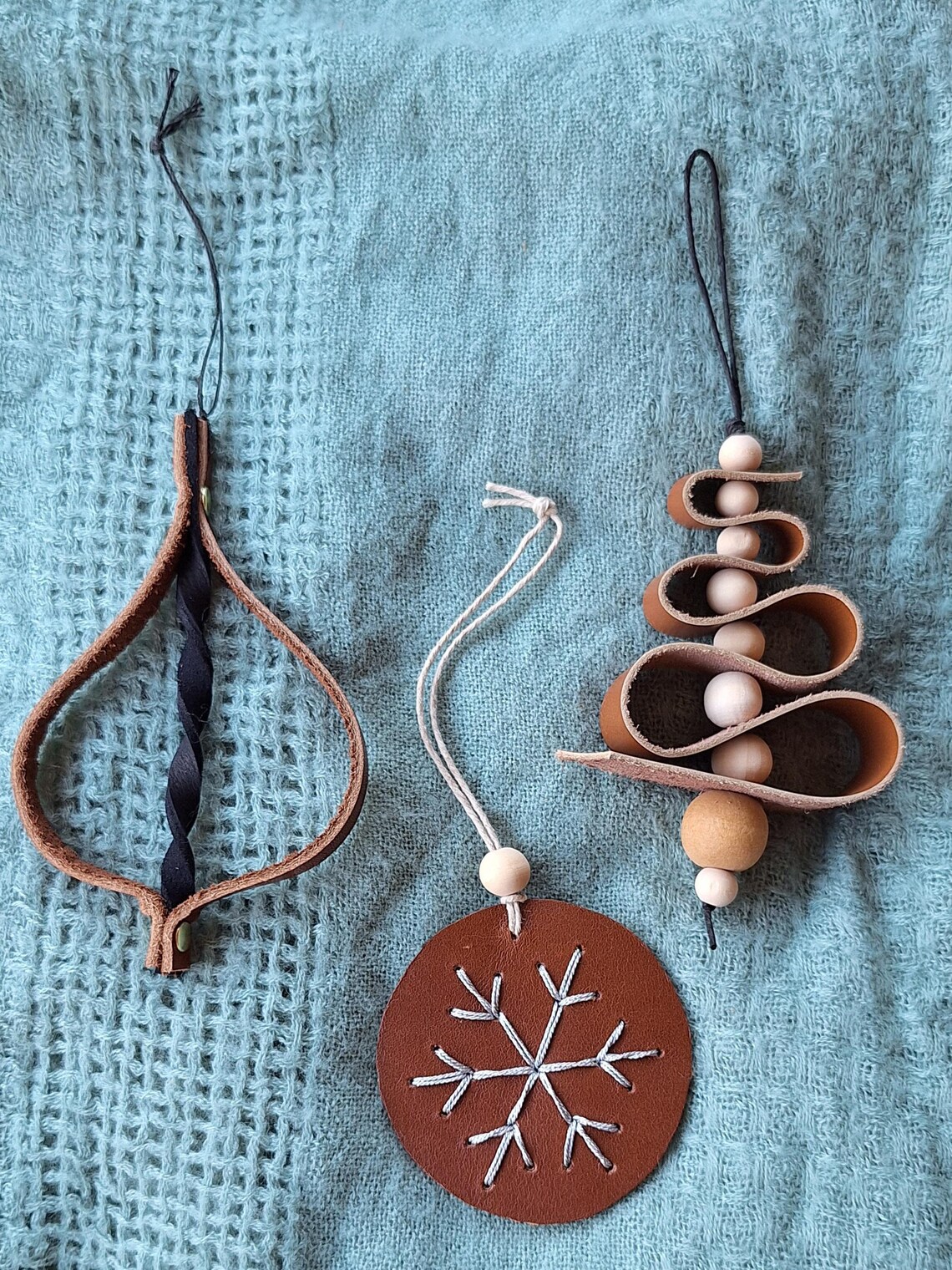 Set of 3 Leather Ornament Set- High Quality Leather Wooden Beads and ...
