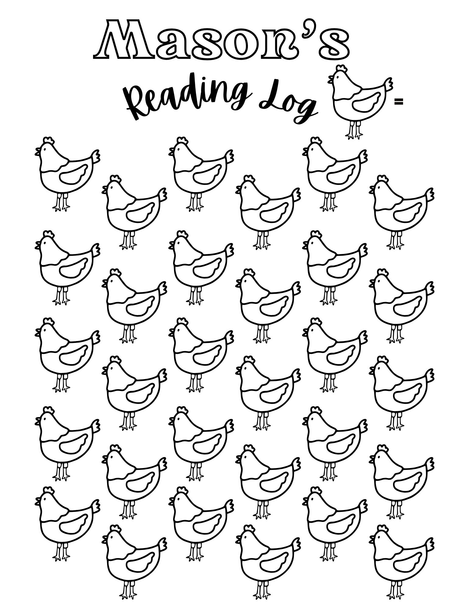 Children's Custom Monthly Reading Tracker, Reading Log, Chicken Themed ...