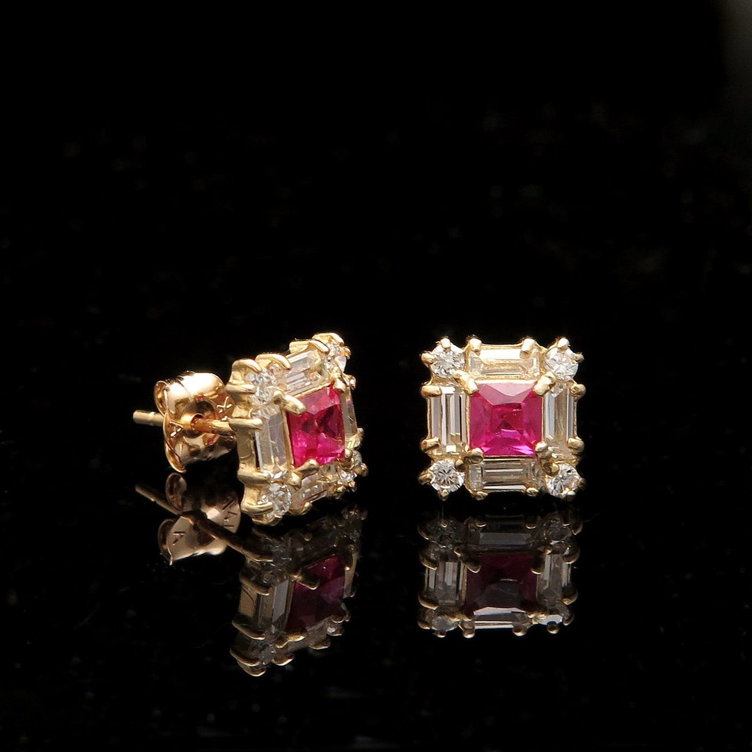 1CT Princess Ruby Baguette Round Diamond Earrings Square Stud 14K ...