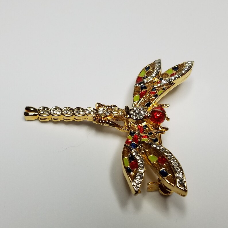 Dragonfly Pin Enameled Rhinestone Gold Tone - Etsy