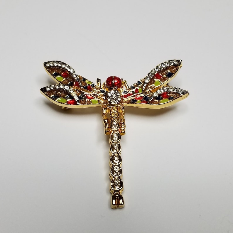 Dragonfly Pin Enameled Rhinestone Gold Tone - Etsy