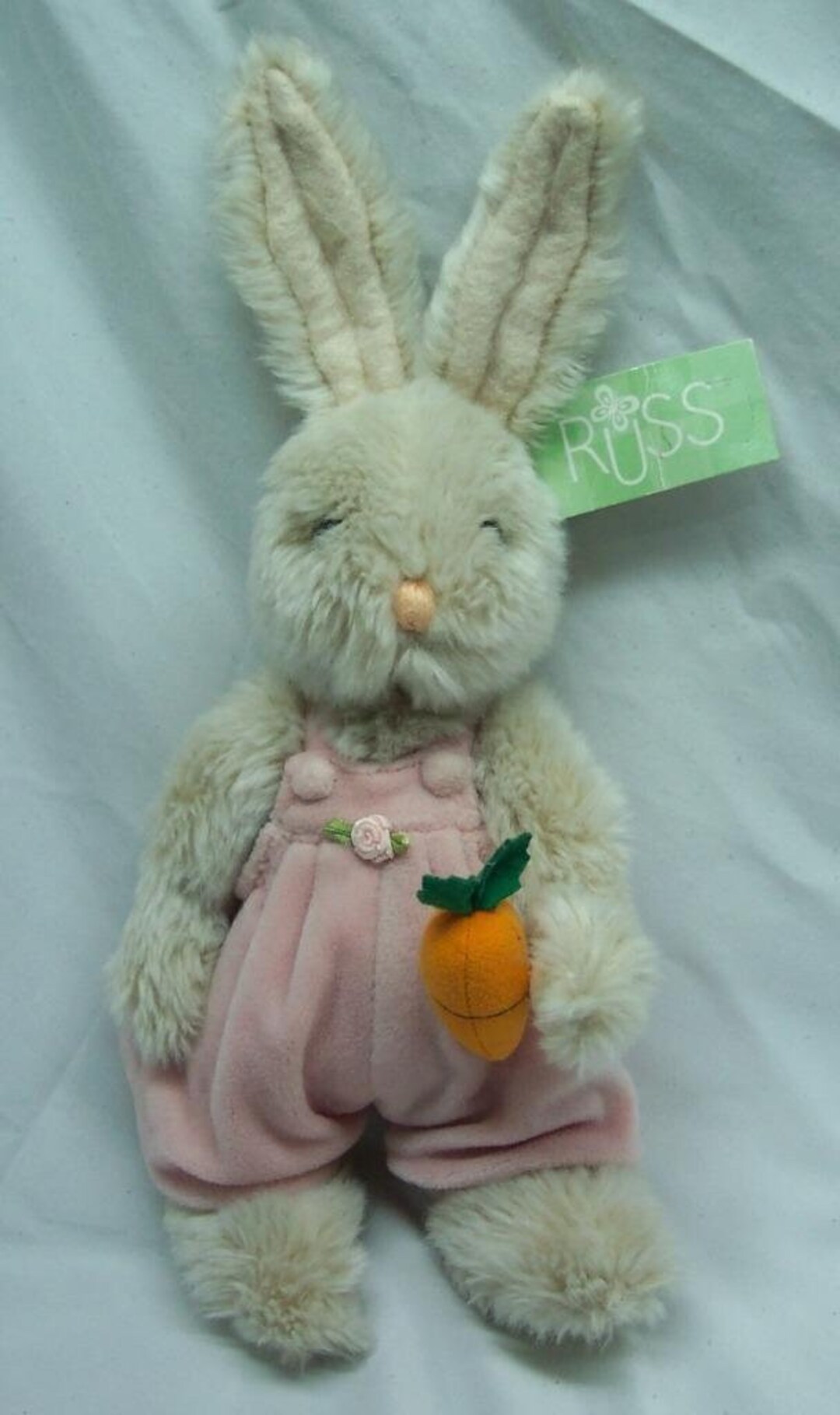 Vintage RUSS BOOMER Tan Bunny Rabbit in Pink Overalls 12" Plush Stuffed ...
