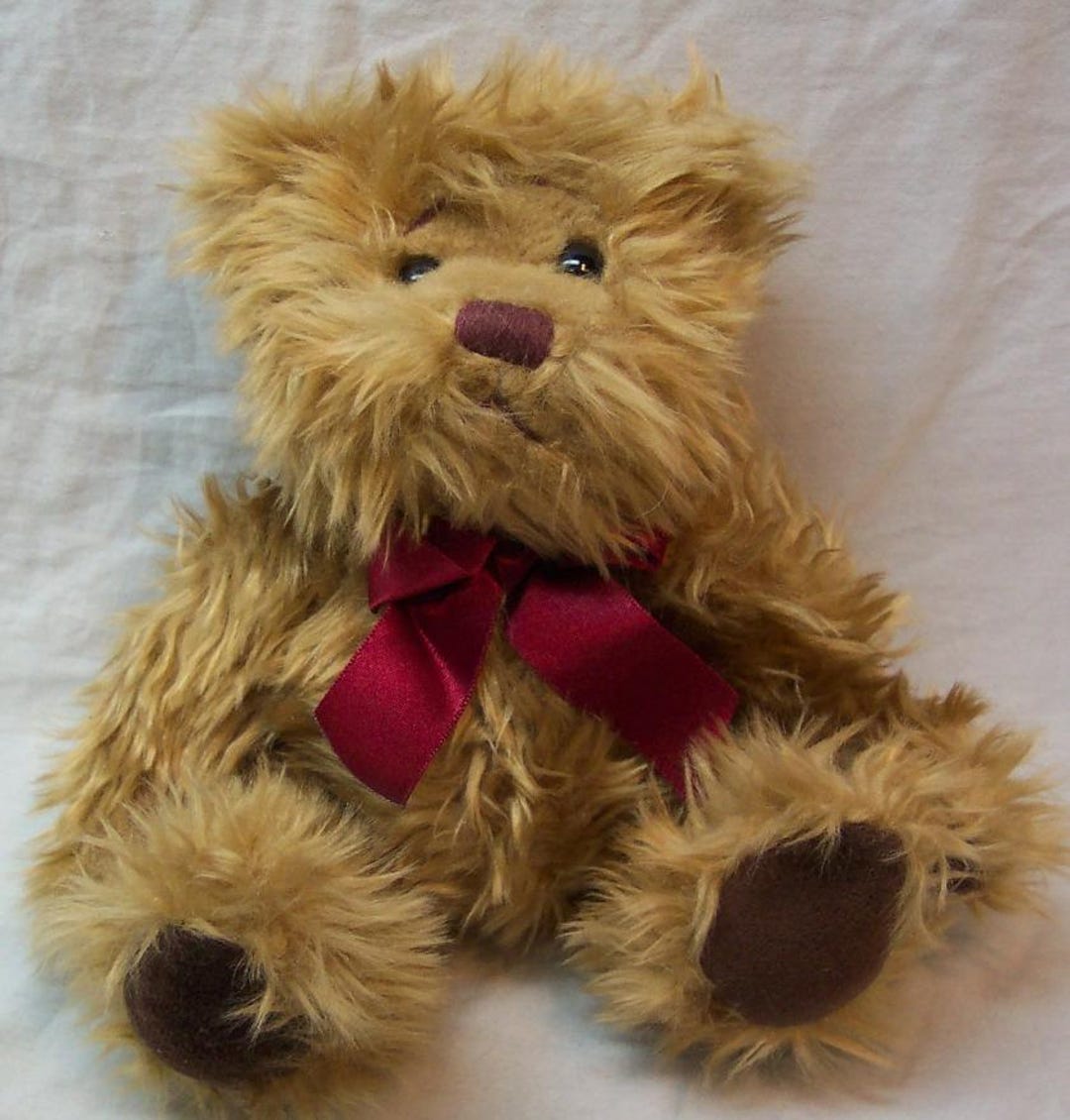 Vintage Russ GREGORY Tan Fuzzy TEDDY BEAR W/ Red Bow 6" Plush Stuffed ...