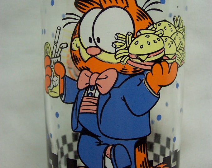 Vintage 1980's GARFIELD Garfield's Cafe Collector's Glass Cup 80's Tux ...