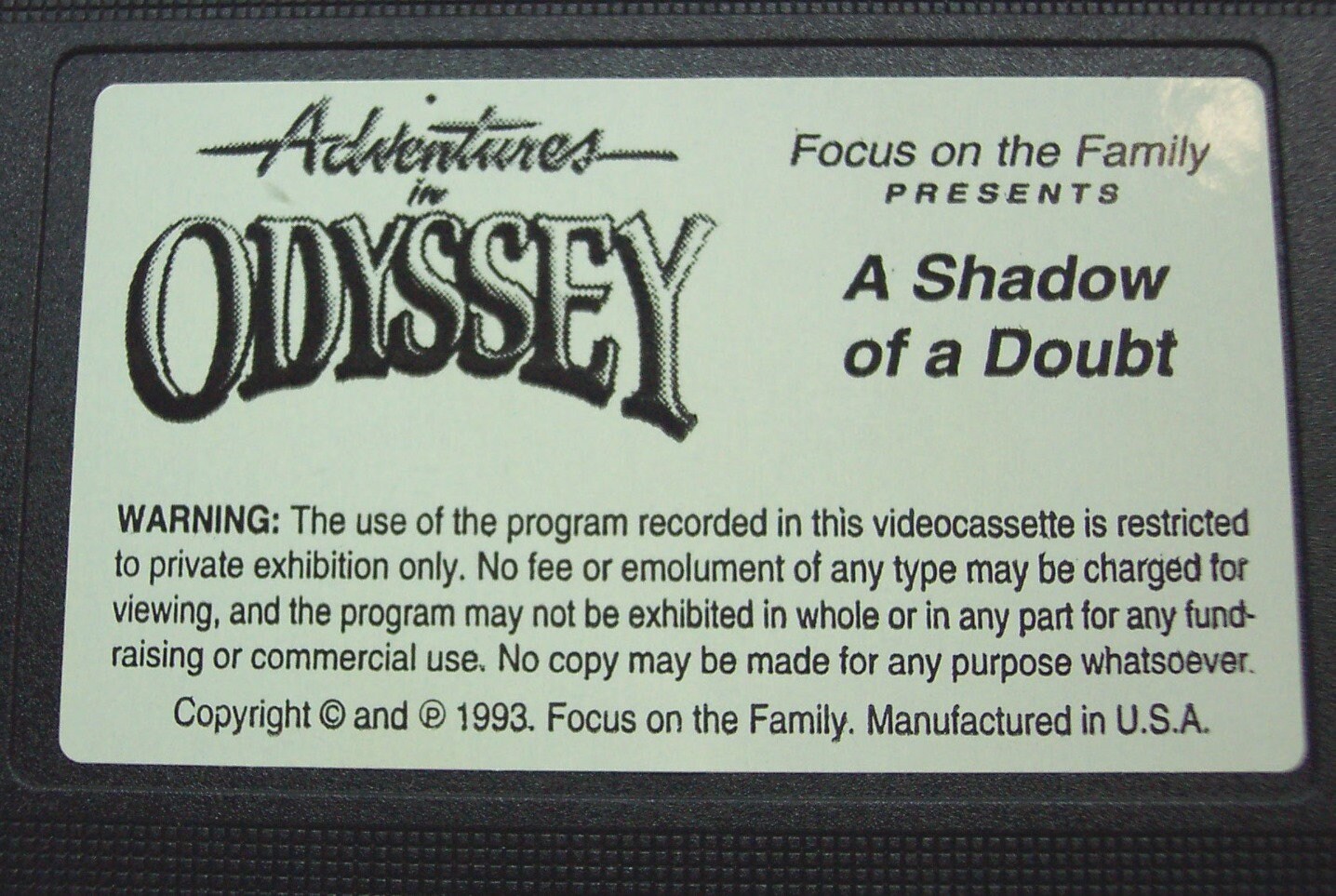 Vintage 1993 ADVENTURES IN ODYSSEY Shadow of a Doubt Vhs Video Animated ...