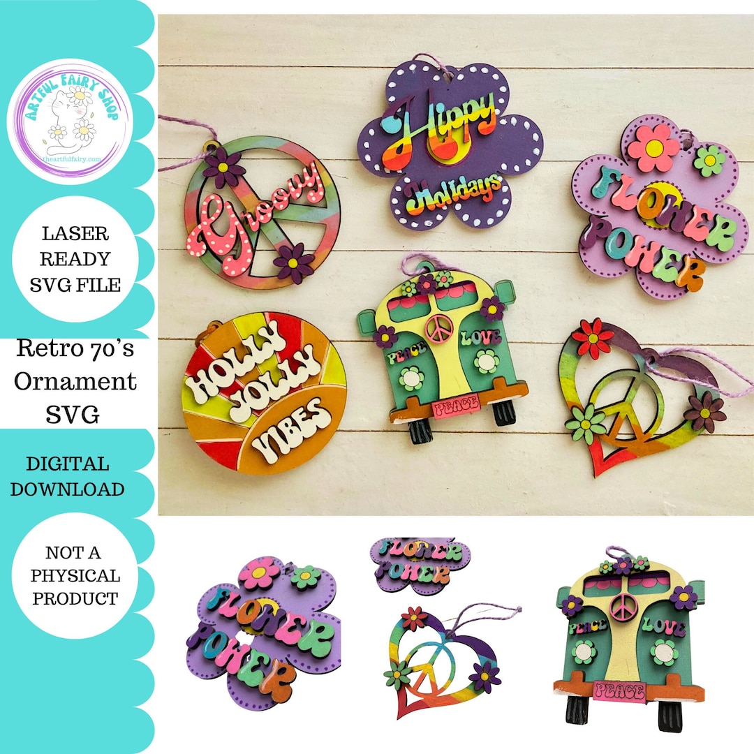 Retro 70’s Boho Groovy Christmas Ornament SVG, Car Charm Digital Laser ...