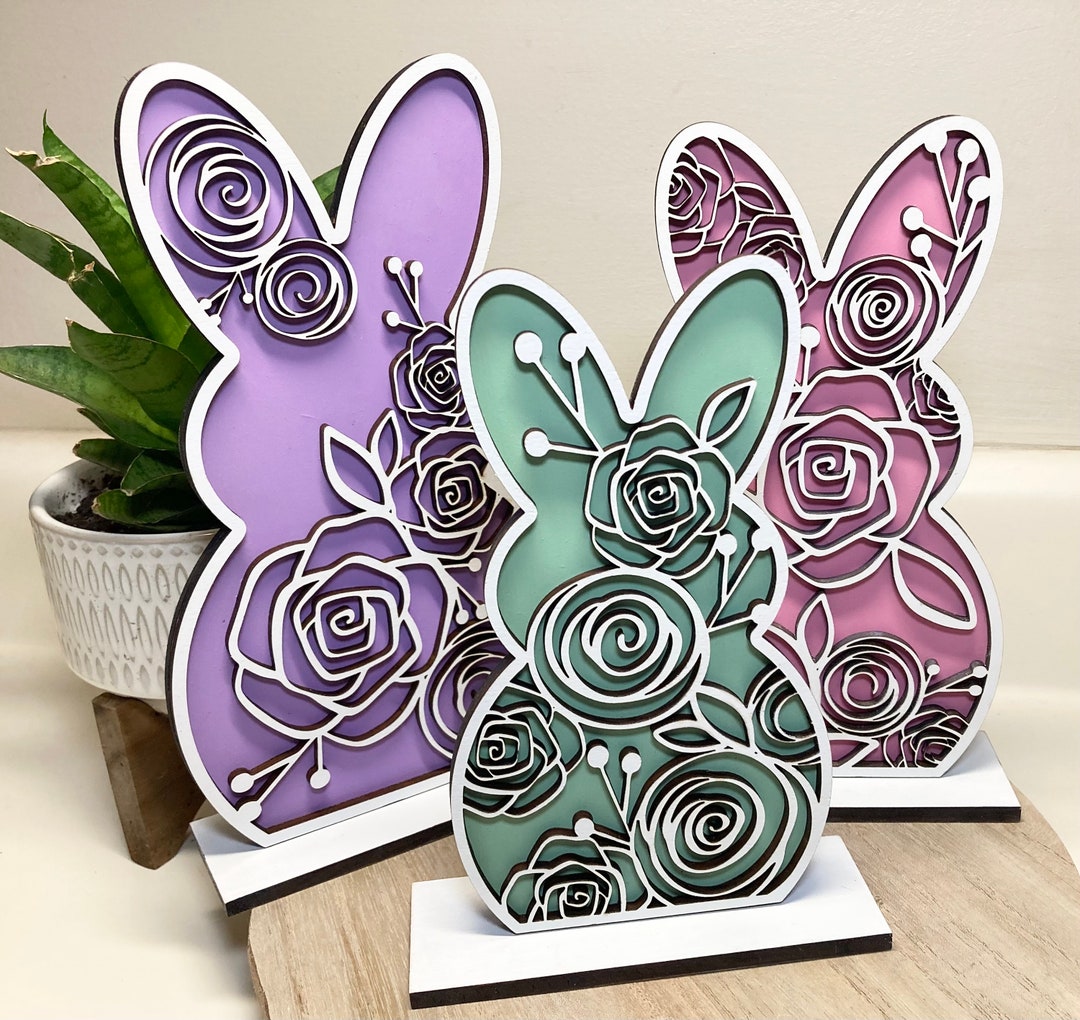 Floral Bunny Spring Wood Home Decor, Easter Table Centerpiece, Pastel ...