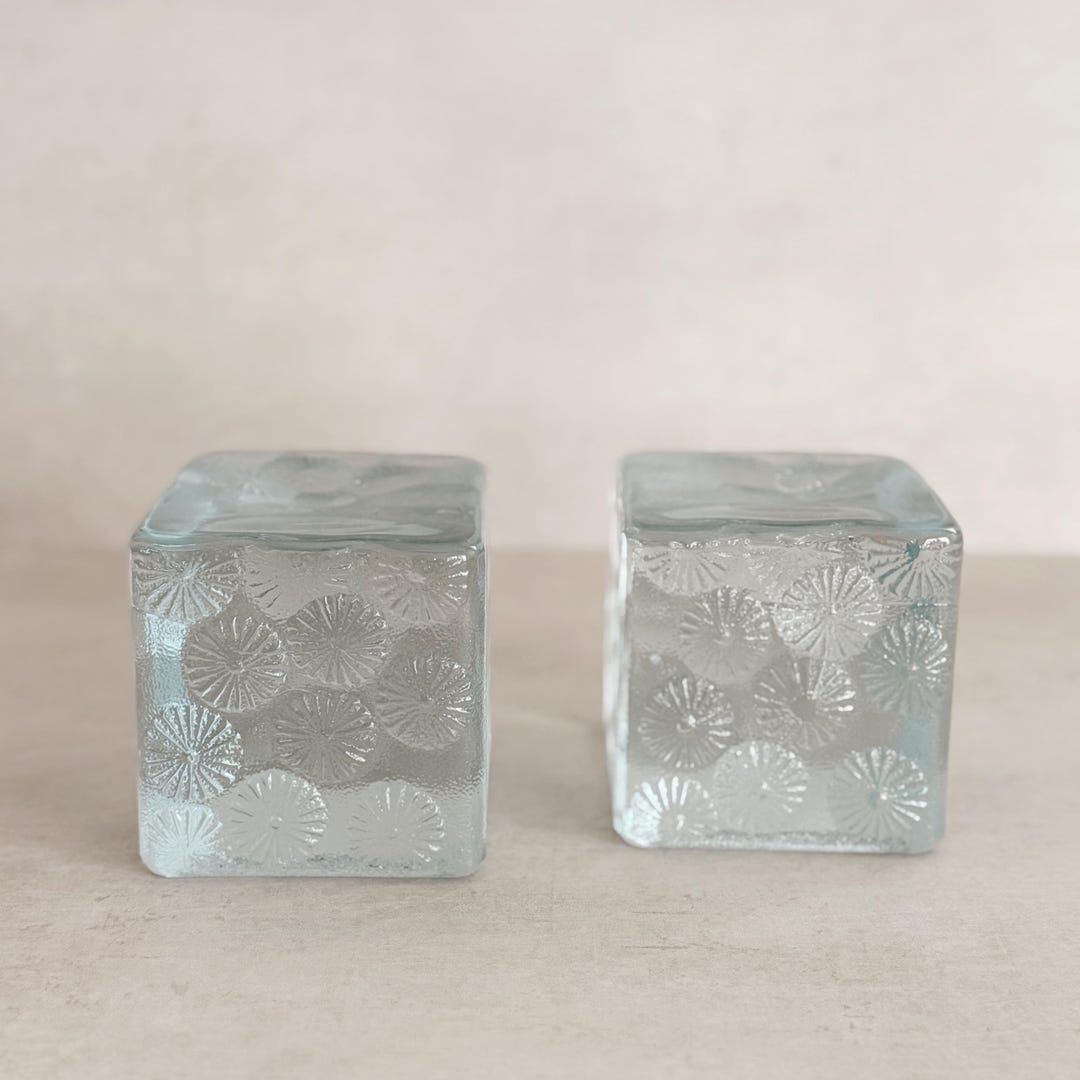 Vintage Blenko Clear Starburst Flower Glass Cubes, Joel Myers 1967, Set ...