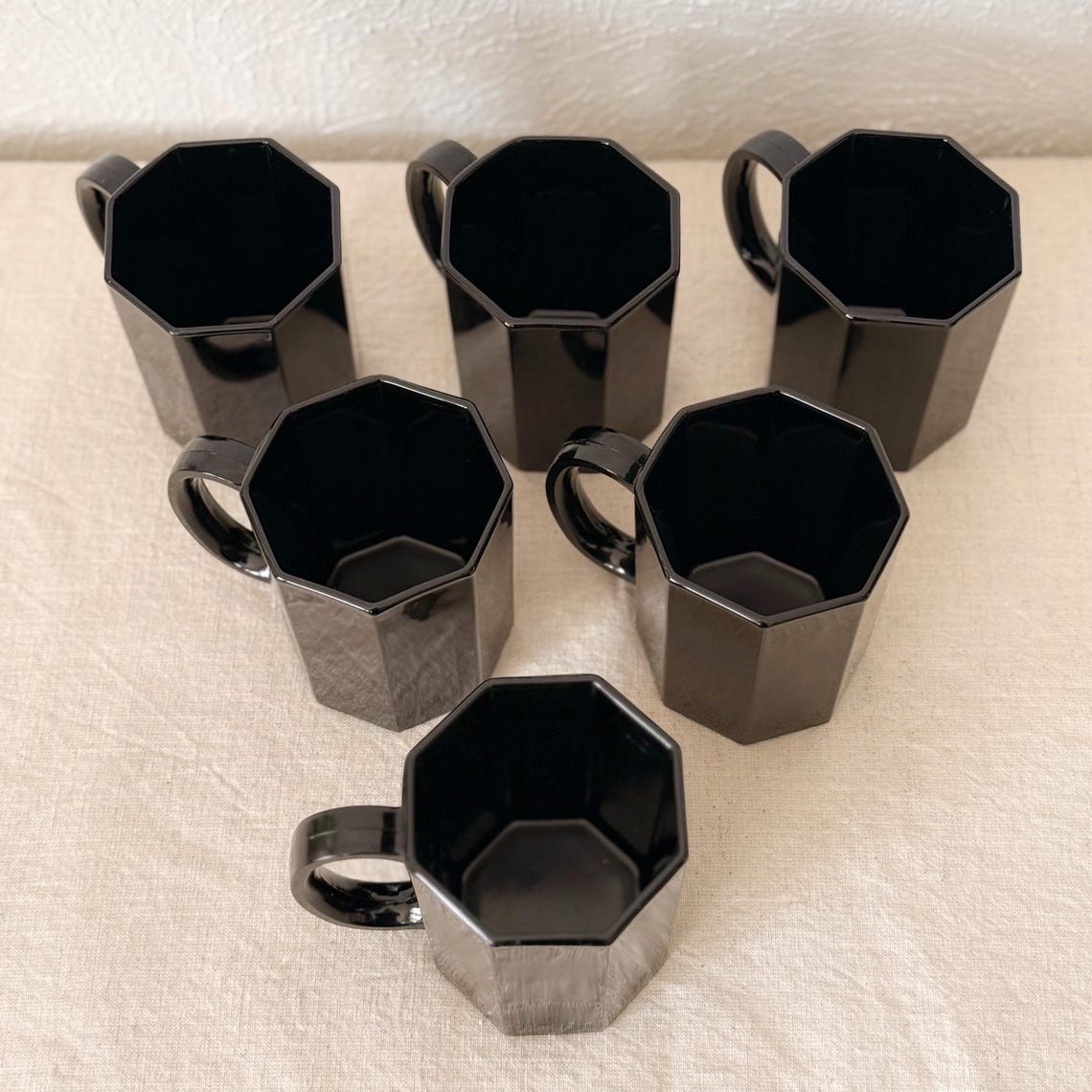 Vintage French Arcorac Octime Black Octagonal Glass Mugs Set of Six (6 ...