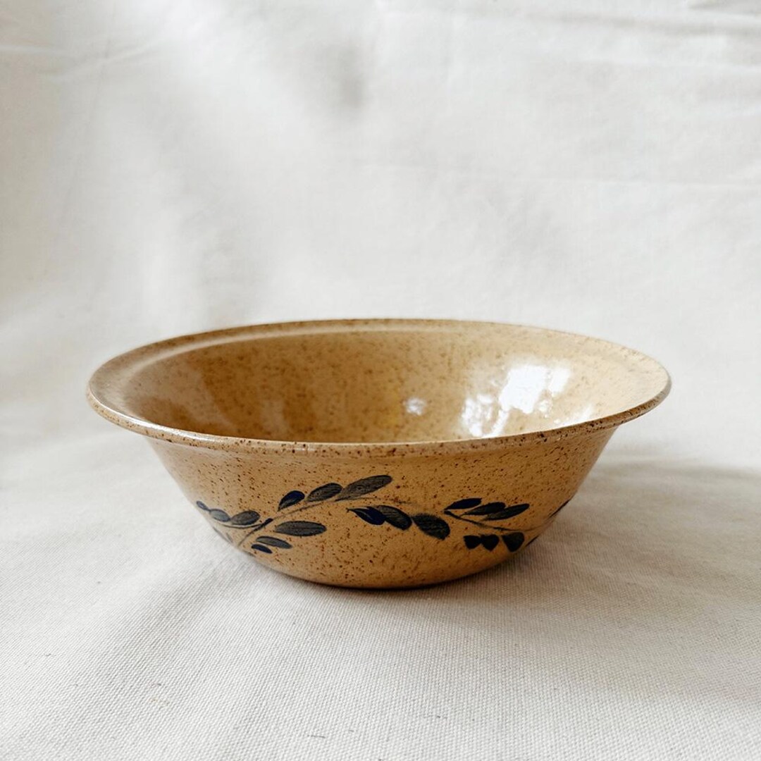 Vintage 90s Stoneware Sugar Loaf Handmade Pottery Bowl With Blue Leaf ...